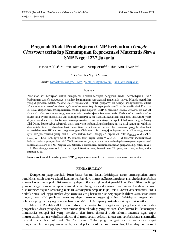 (PDF) Pengaruh Model Pembelajaran CMP berbantuan Google Classroom terhadap Kemampuan ...