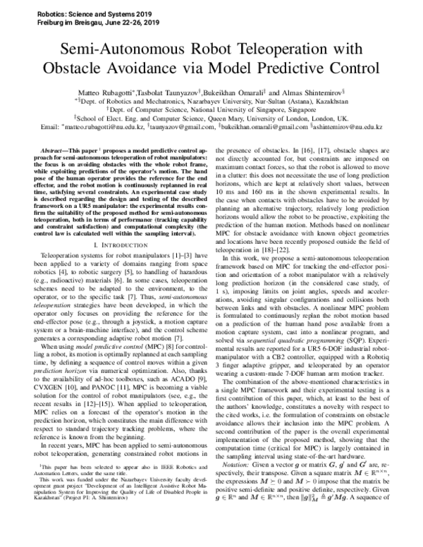 Pdf Semi Autonomous Robot Teleoperation With Obstacle Avoidance Via