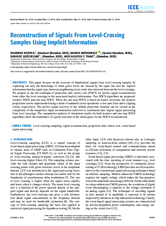 (PDF) Reconstruction of Signals from Level-Crossing Samples Using Implicit Information