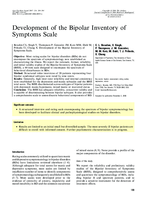(PDF) Development of the Bipolar Inventory of Symptoms Scale