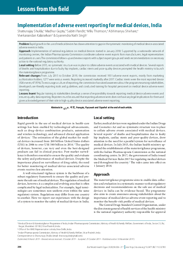 (PDF) Implementation of adverse event reporting for medical devices, India (PDF) Implementation of adverse event reporting for medical devices, India