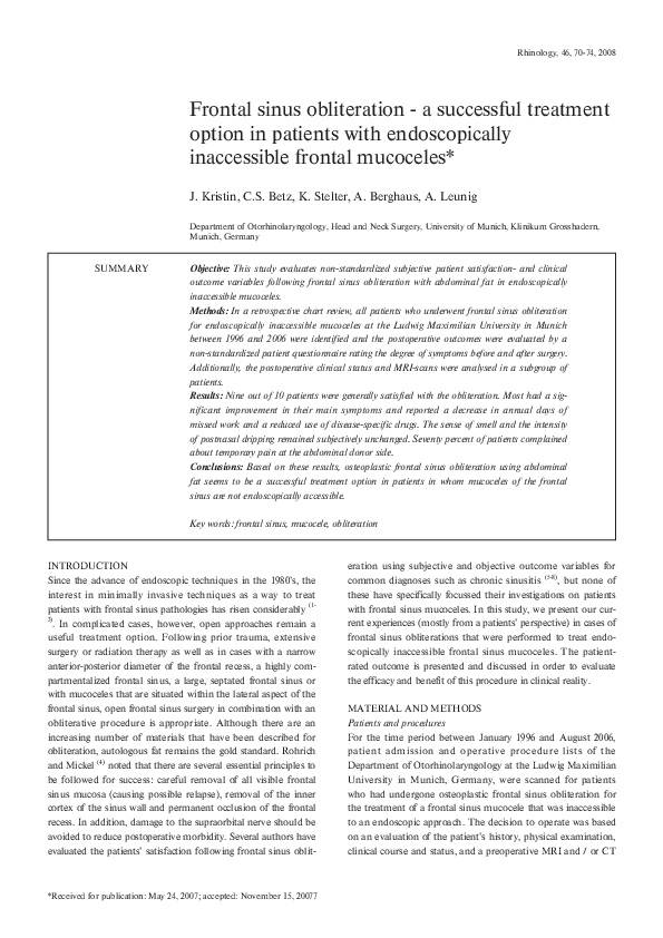(PDF) Frontal sinus obliteration--a successful treatment option in ...