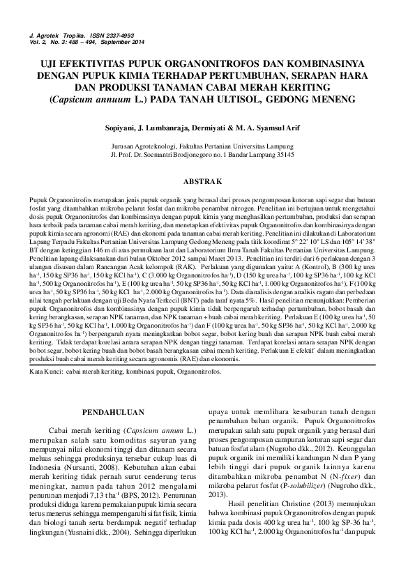 (PDF) UJI EFEKTIVITAS PUPUK ORGANONITROFOS DAN KOMBINASINYA DENGAN PUPUK KIMIA TERHADAP ...