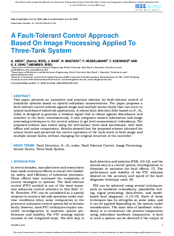 (PDF) A Fault-Tolerant Control Approach Based On Image Processing Applied To Three-Tank System