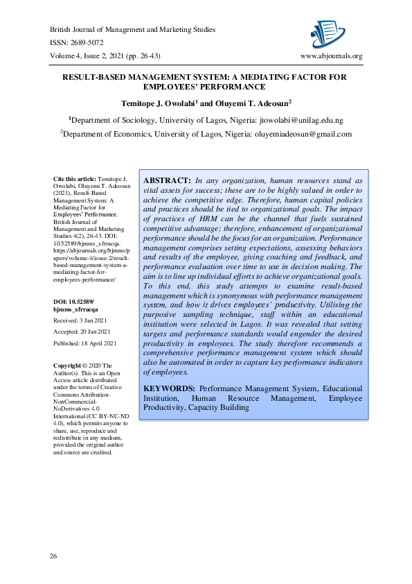 (PDF) RESULT-BASED MANAGEMENT SYSTEM: A MEDIATING FACTOR FOR EMPLOYEES ...