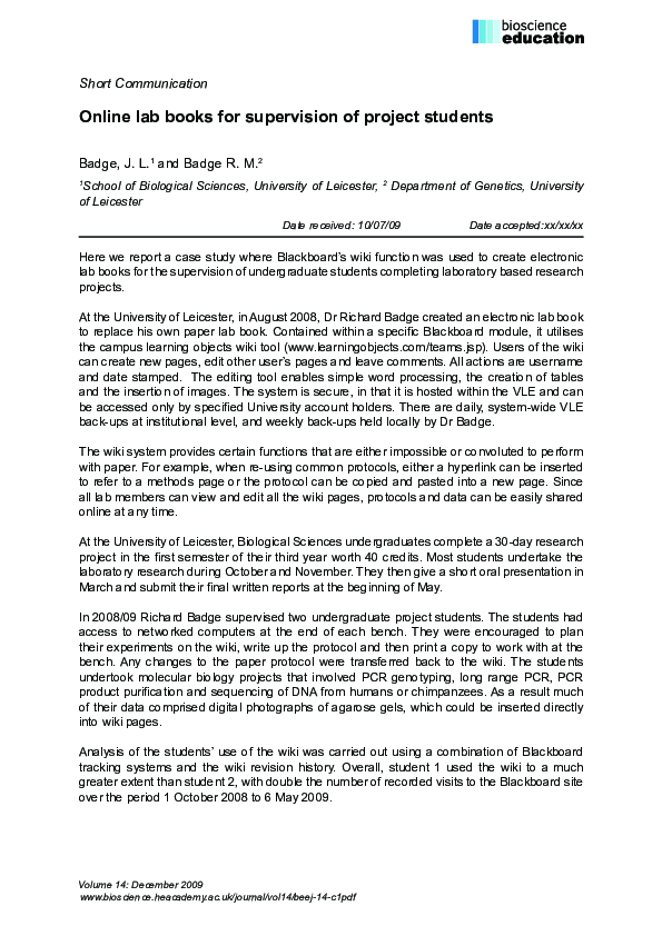 (PDF) Online lab books for supervision of project students