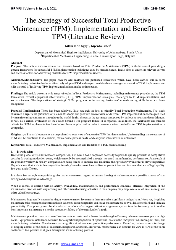 (PDF) The Strategy of Successful Total Productive Maintenance (TPM ...