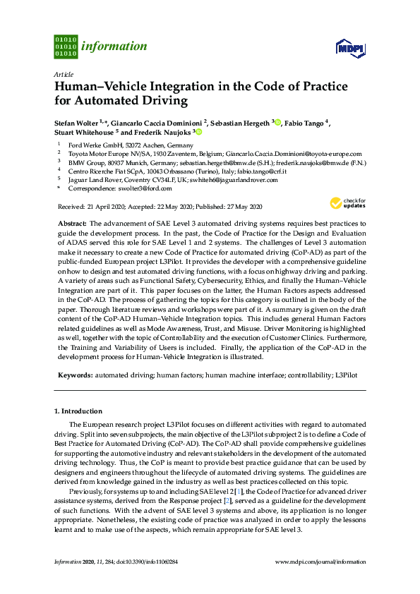 (PDF) Human–Vehicle Integration in the Code of Practice for Automated ...
