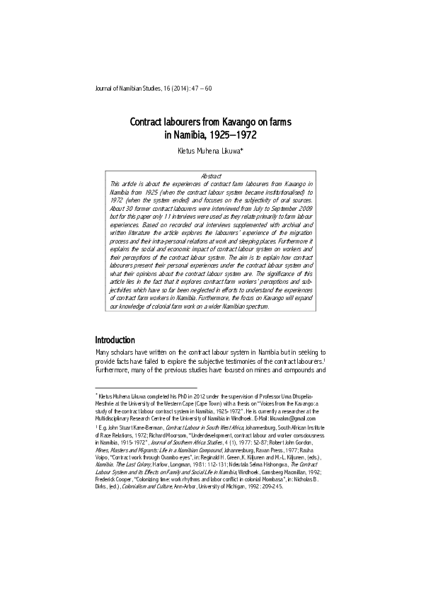 (PDF) Contract labourers from Kavango on farms in Namibia, 1925–1972