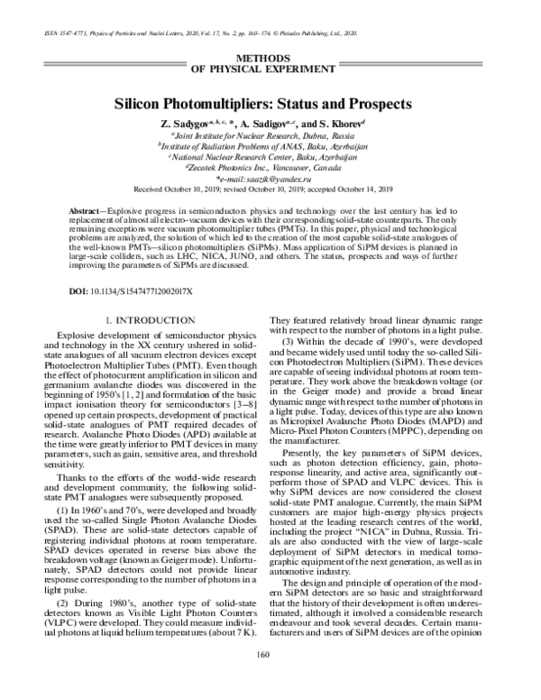 (PDF) Silicon Photomultipliers: Status and Prospects