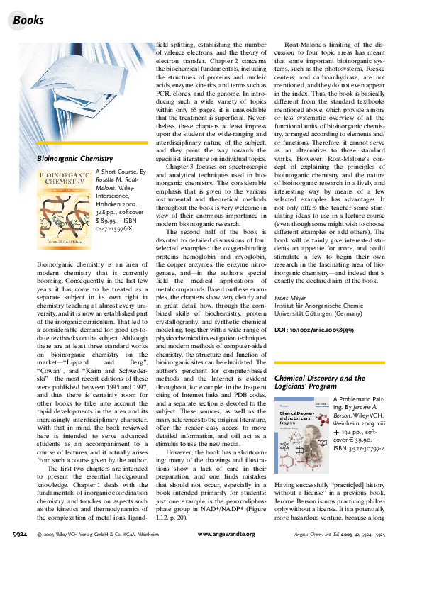 (PDF) Bioinorganic Chemistry. A Short Course. By Rosette M. Roat-Malone