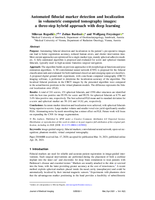 Pdf Automated Fiducial Marker Detection And Localization In Volumetric Computed Tomography