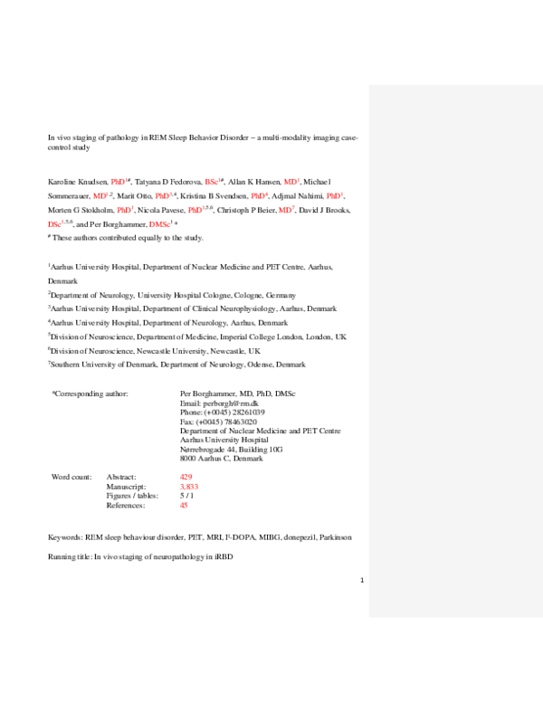(PDF) In-vivo staging of pathology in REM sleep behaviour disorder: a ...
