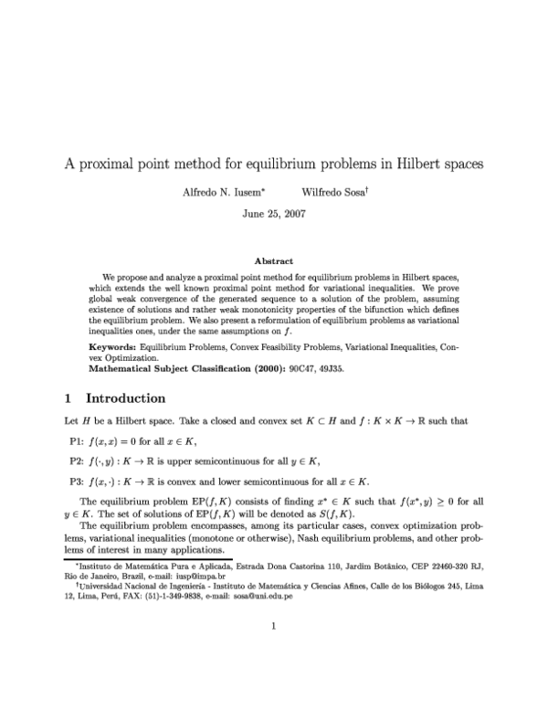 (PDF) On the proximal point method for equilibrium problems in Hilbert spaces
