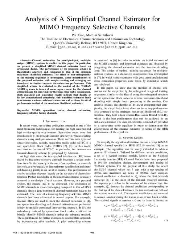 (PDF) Analysis of A Simplified Channel Estimator for MIMO Frequency Selective Channels