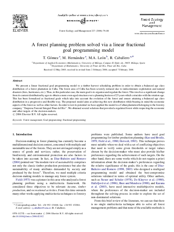 Pdf A Forest Planning Problem Solved Via A Linear Fractional Goal Programming Model