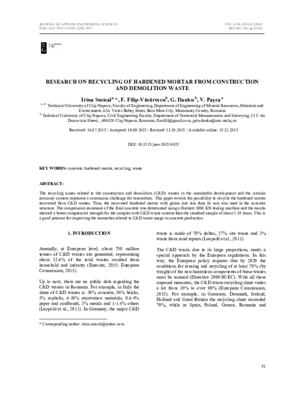 (PDF) Research On Recycling Of Hardened Mortar From Construction And ...