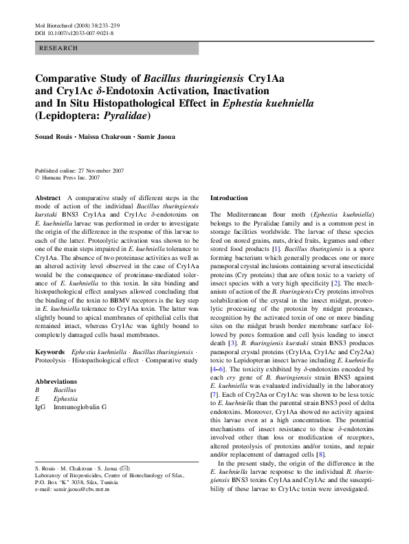 (PDF) Comparative Study of Bacillus thuringiensis Cry1Aa and Cry1Ac δ-Endotoxin Activation ...