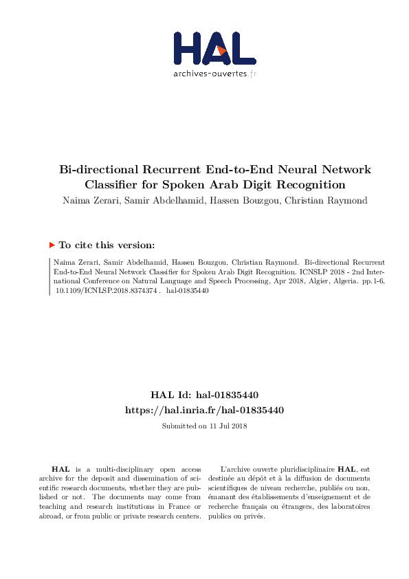 Pdf Bi Directional Recurrent End To End Neural Network Classifier For