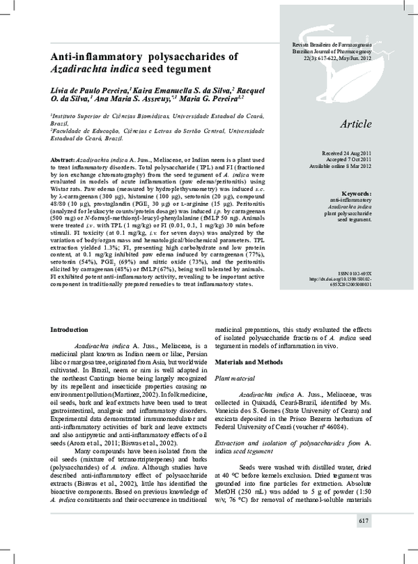 (PDF) Anti-inflammatory polysaccharides of Azadirachta indica seed tegument