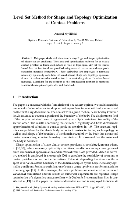 (PDF) Level Set Method for Shape and Topology Optimization of Contact Problems