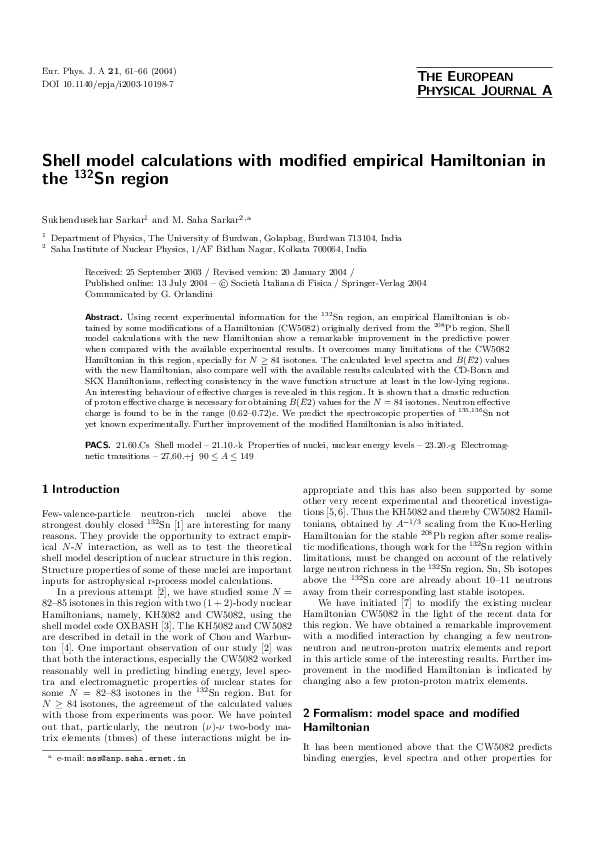 (PDF) Shell model calculations with modified empirical Hamiltonian in the 132Sn region