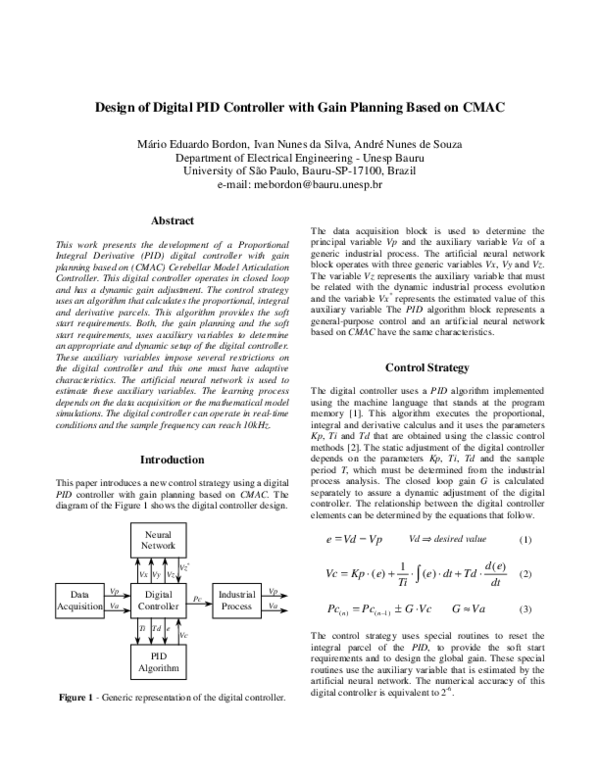 Pdf Design Of Digital Pid Controller With Gain Planning Based On Cmac