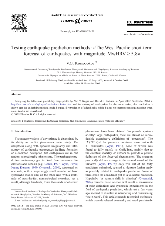 (PDF) Testing earthquake prediction methods: «The West Pacific short ...