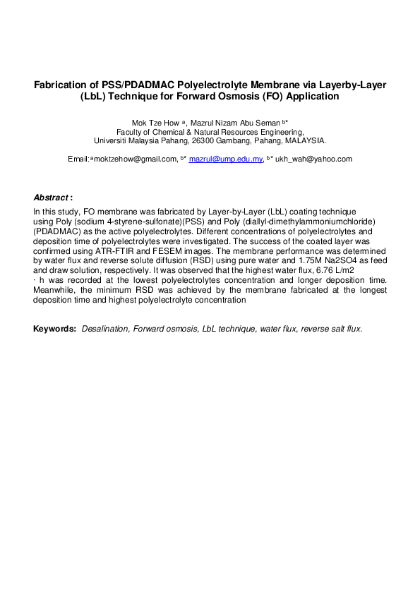 (PDF) Fabrication of PSS/PDADMAC Polyelectrolyte Membrane via Layer-by ...