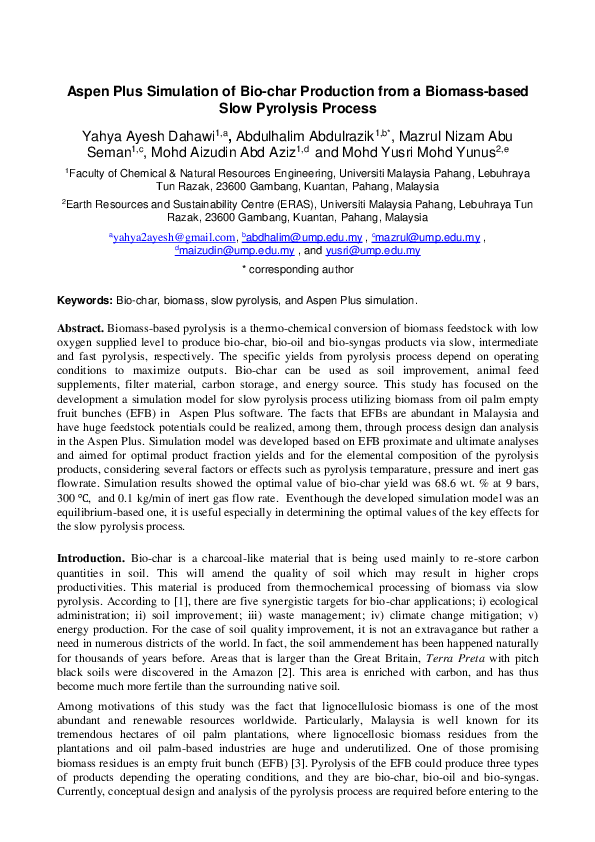 Pdf Aspen Plus Simulation Of Bio Char Production From A Biomass Based Slow Pyrolysis Process
