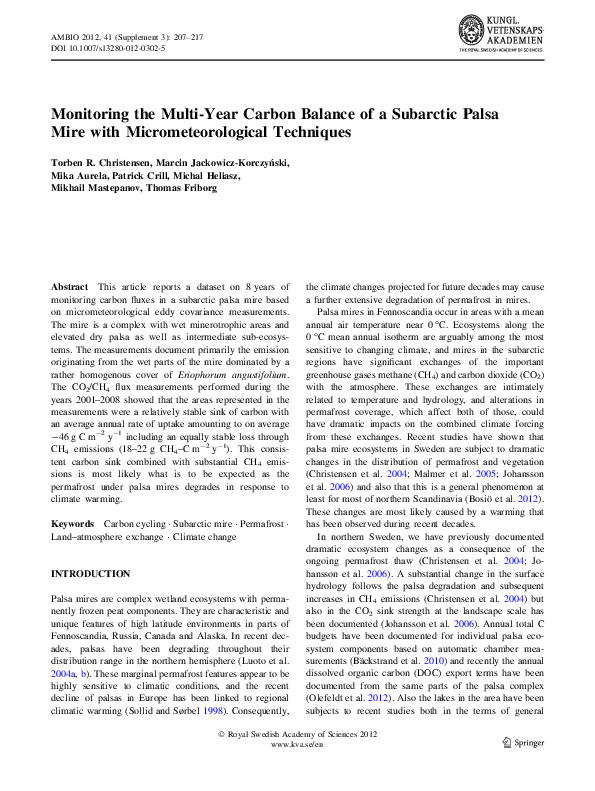 (PDF) Monitoring the Multi-Year Carbon Balance of a Subarctic Palsa ...