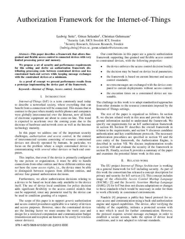 (PDF) Authorization framework for the Internet-of-Things
