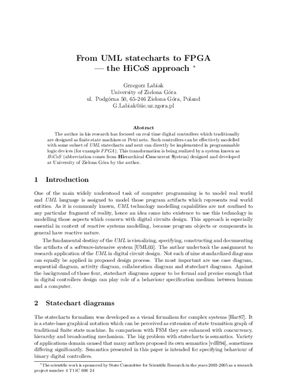 Pdf From Uml Statecharts To Fpga The Hicos Approach