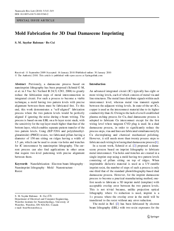 (PDF) Mold Fabrication for 3D Dual Damascene Imprinting