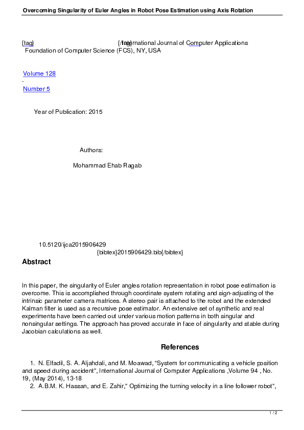 (PDF) Overcoming Singularity of Euler Angles in Robot Pose Estimation using Axis Rotation