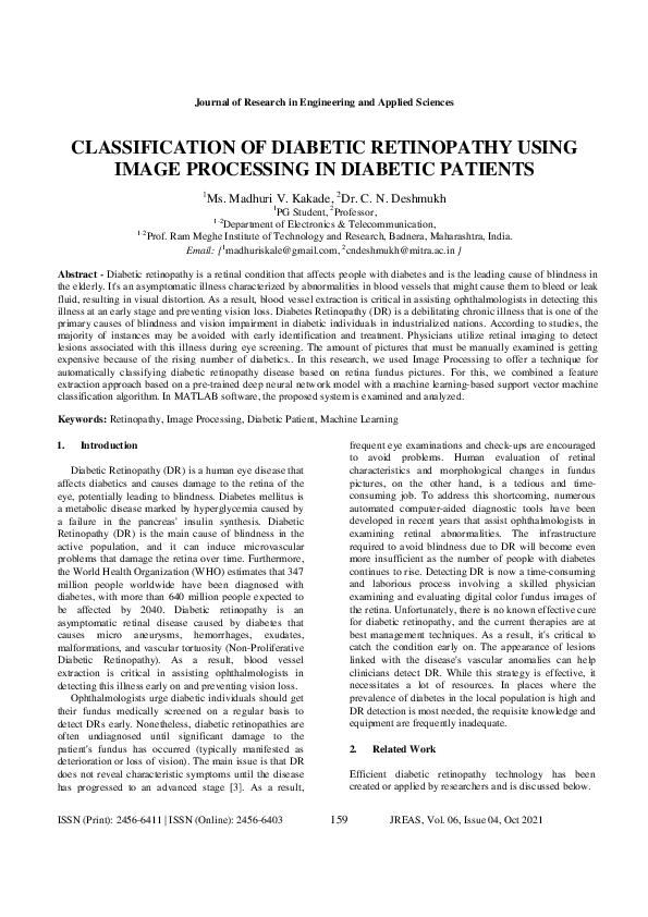 (PDF) CLASSIFICATION OF DIABETIC RETINOPATHY USING IMAGE PROCESSING IN ...