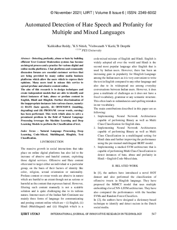 Pdf Automated Detection Of Hate Speech And Profanity For Multiple And