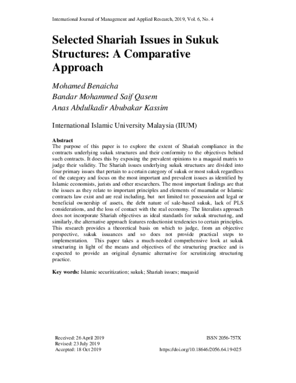 (PDF) Selected Shariah Issues in Sukuk Structures: A Comparative Approach