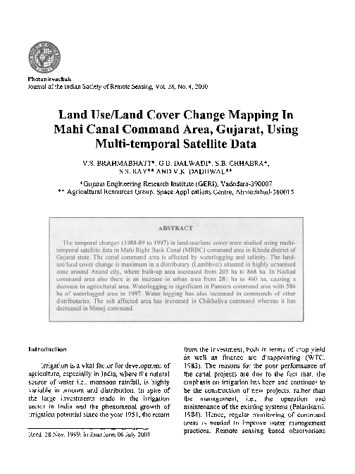 (PDF) Land use/land cover change mapping in Mahi canal command area, Gujarat, using multi ...