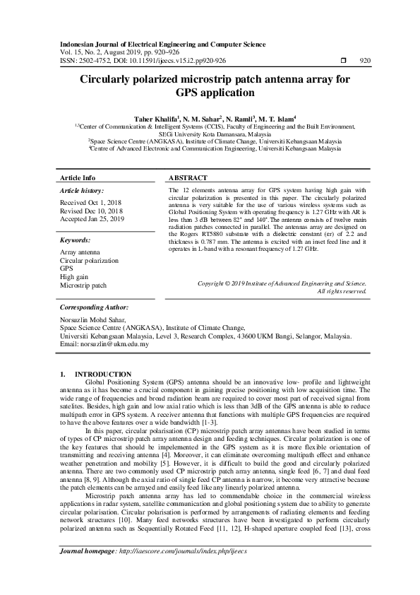 (PDF) Circularly polarized microstrip patch antenna array for GPS application