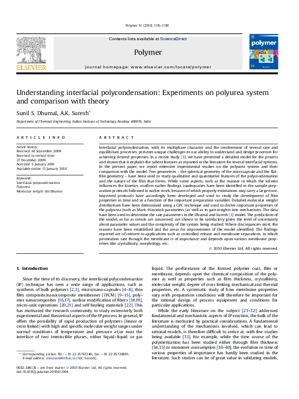 (PDF) Understanding interfacial polycondensation: Experiments on polyurea system and comparison ...