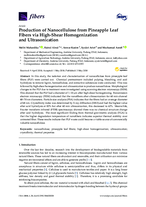 (PDF) Production of Nanocellulose from Pineapple Leaf Fibers via High ...