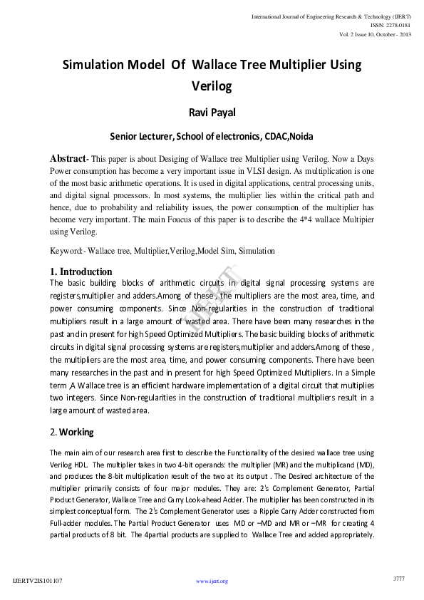 (PDF) Simulation Model Of Wallace Tree Multiplier Using Verilog