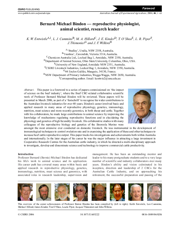 (PDF) Bernard Michael Bindon — reproductive physiologist, animal ...