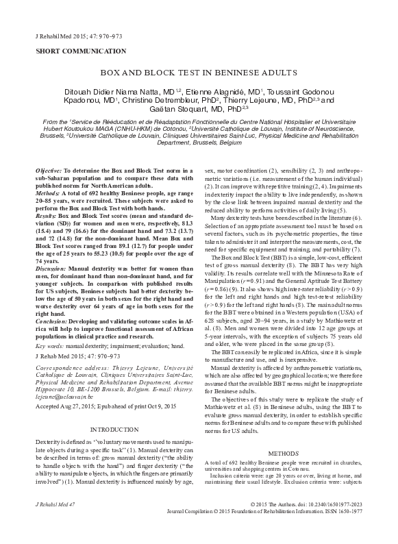 (PDF) Box and block test in Beninese adults