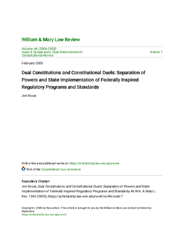 (PDF) Dual Constitutions and Constitutional Duels: Separation of Powers ...