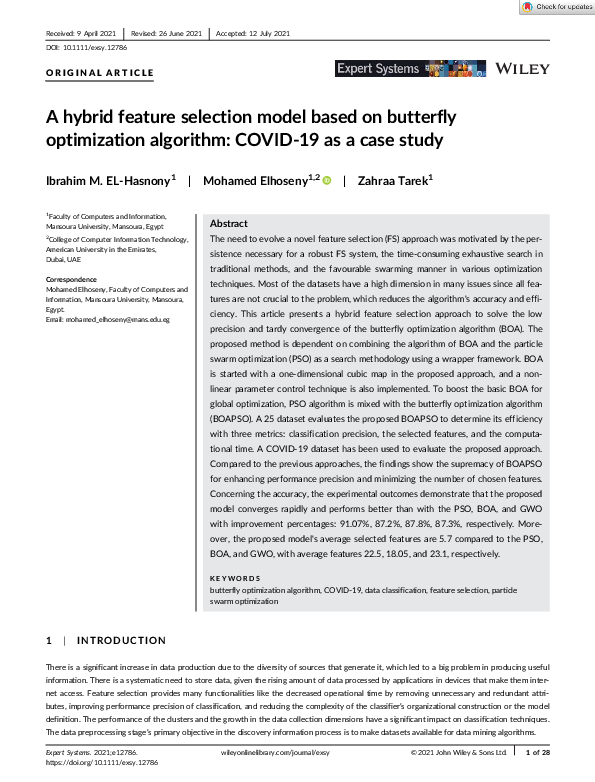 (PDF) A hybrid feature selection model based on butterfly optimization algorithm: COVID ‐19 as a ...