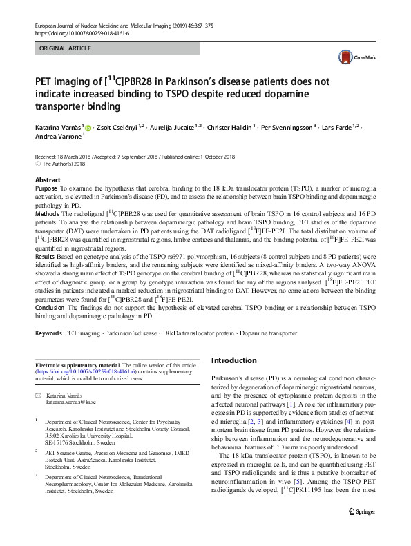 (PDF) PET imaging of [11C]PBR28 in Parkinson’s disease patients does ...