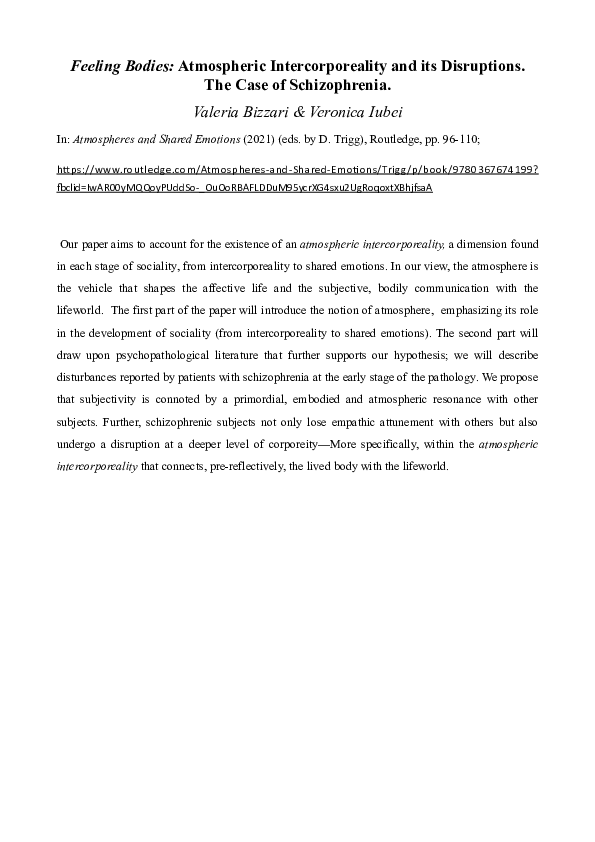 (PDF) Feeling Bodies: Atmospheric Intercorporeality and its Disruptions. The Case of Schizophrenia