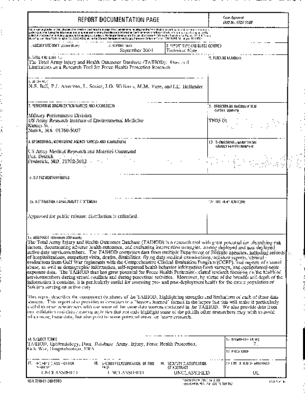(PDF) The Total Army Injury and Health Outcomes Database (TAIHOD): Uses ...